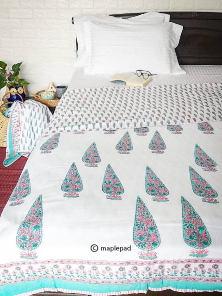 Mint green block printed reversible dohar